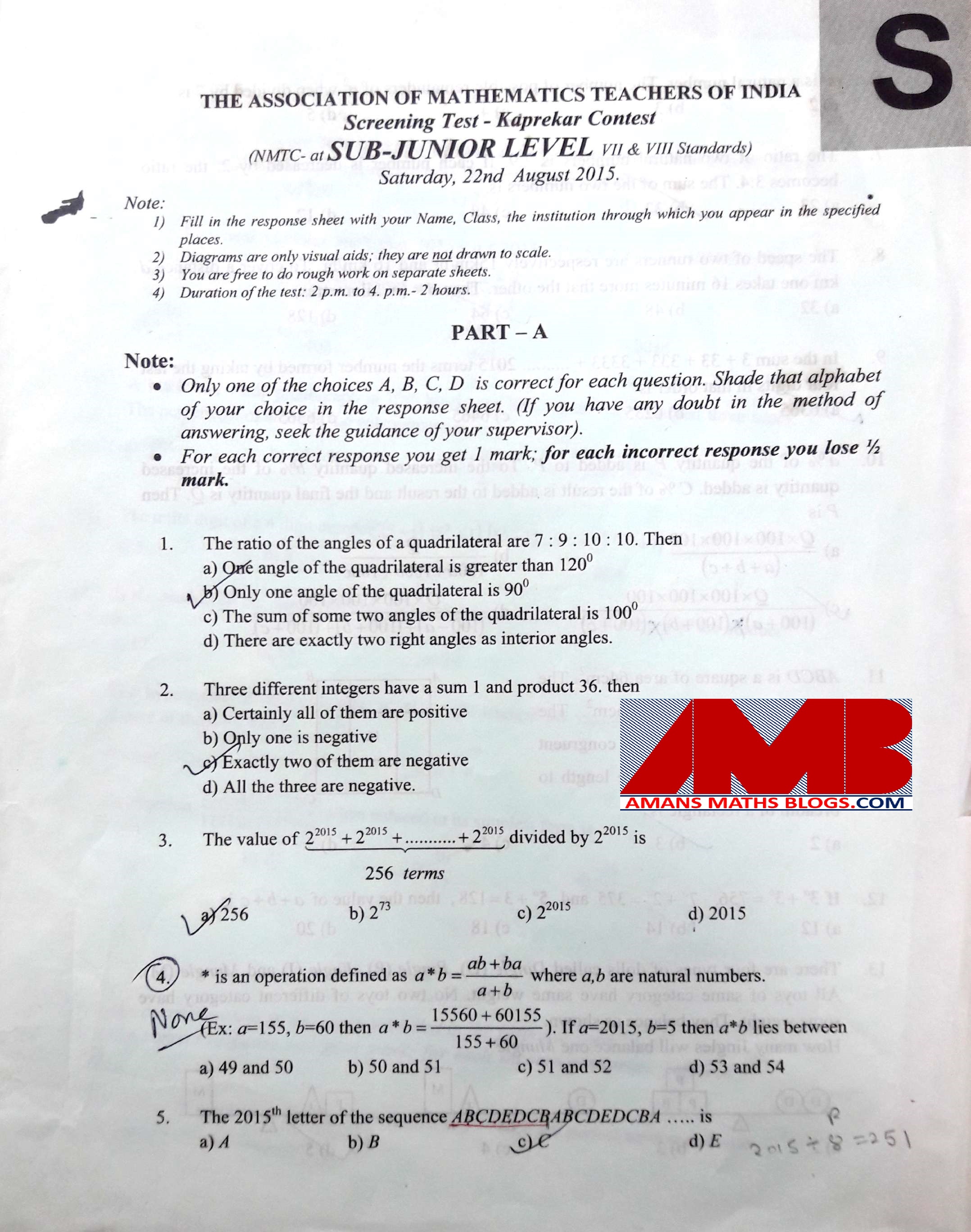 NMTC 2015 7th 8th Standard Question Paper And Solution1 AMANS NMTC 2015 7th 8th Standard Question Paper And Solution1 AMANS